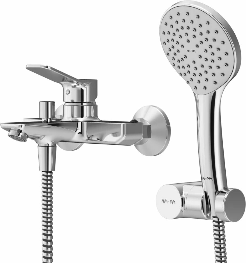 Смеситель для ванны с душем AM.PM X-Joy F85A15000 с душевым гарнитуром, настенный, однорычажный, хром, глянцевый, латунный, с керамическим картриджем