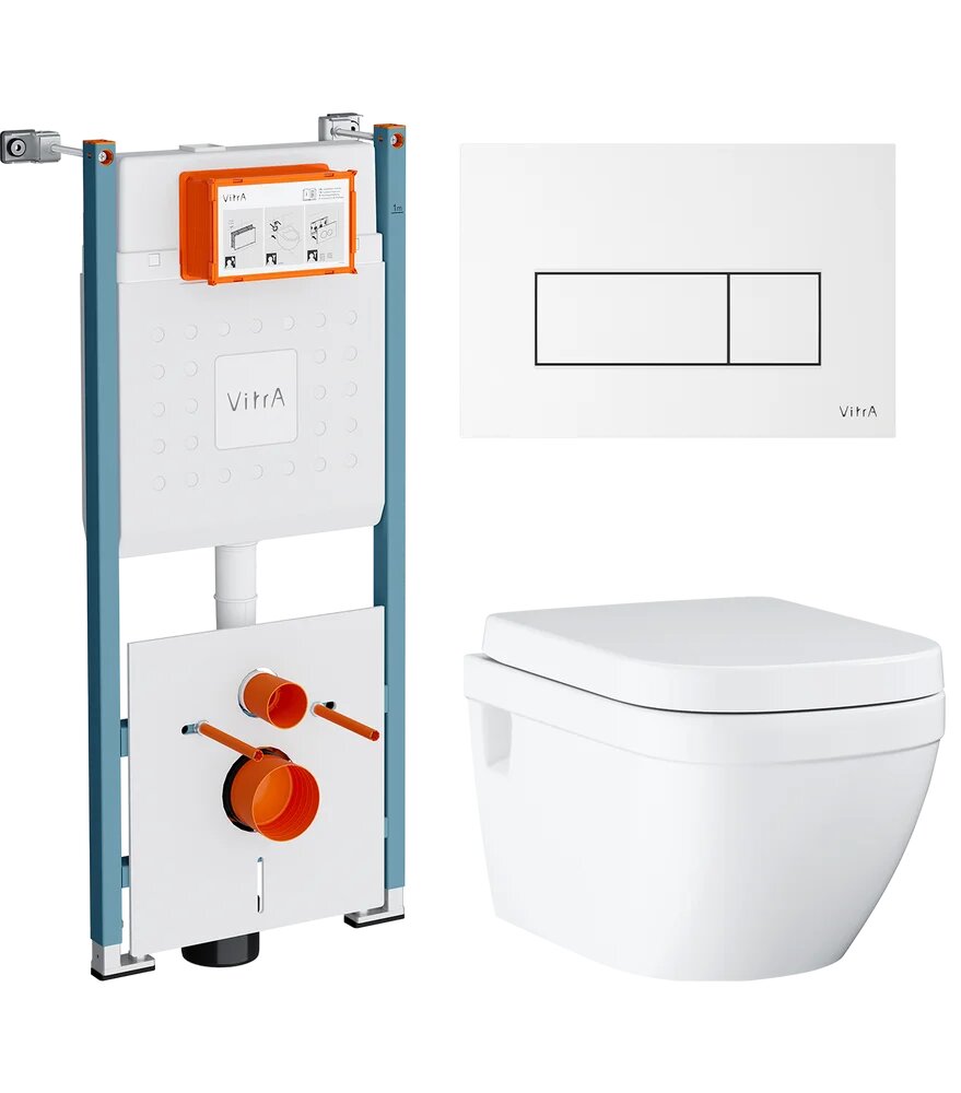 Комплект 3 в 1 Унитаз подвесной Grohe Euro Ceramic 39703000 / Инсталляция VitrA V-Fix Core 732-5800-01PV / Кнопка Root Square 740-2300 цвет глянцевый белый