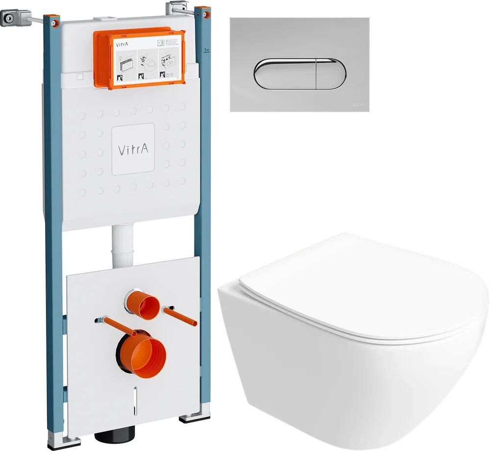 Комплект 6 в 1: Инсталляция VitrA V-Fix Core 732-5800-01PV / Унитаз подвесной Кронборг S28401WH безободковый / Сиденье с микролифтом, Кнопка Root Round хром, Комплект шумоизоляции, креплений