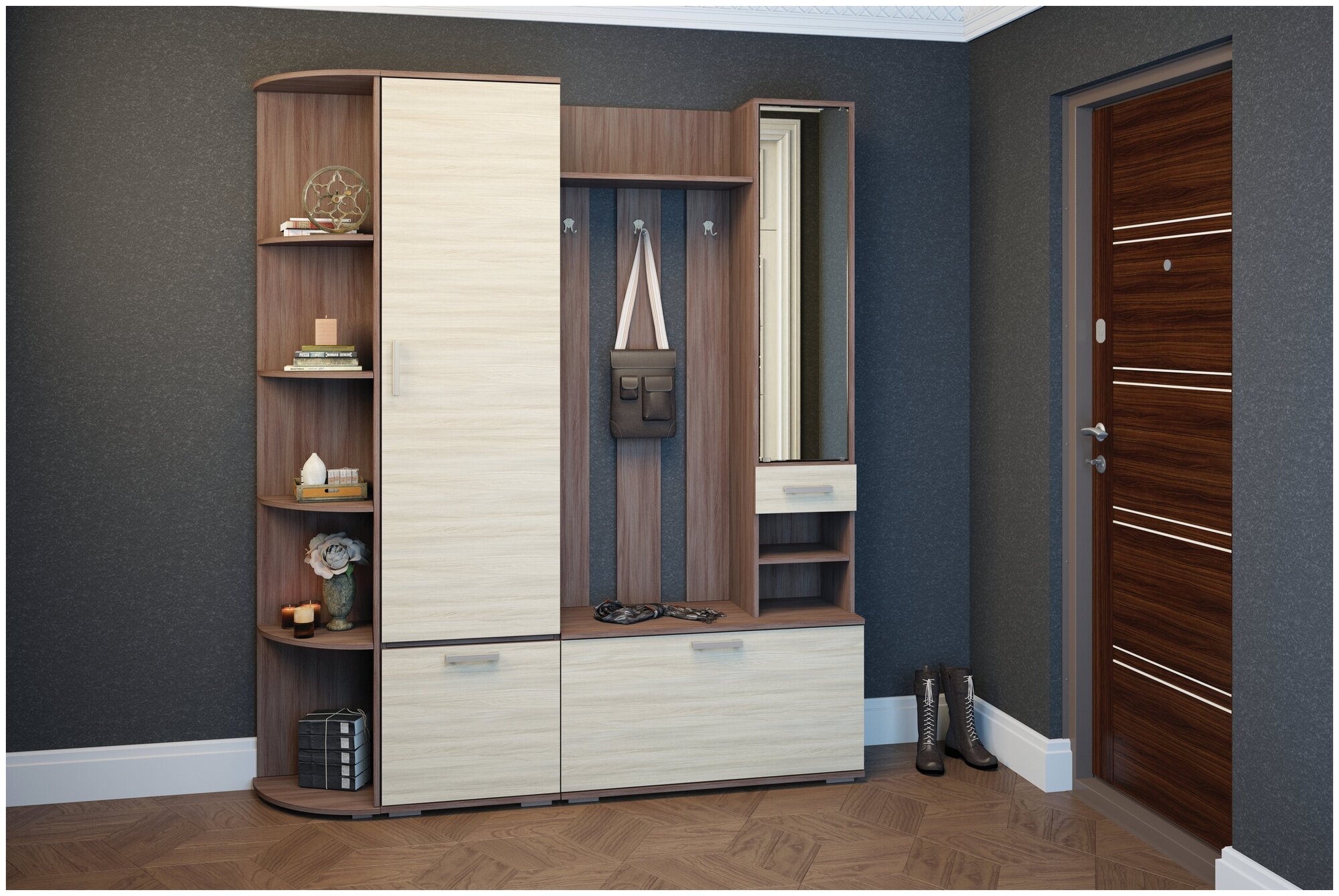 Стенка в прихожую Нонтон Ника №5, 176x35x203 см, 3 модуля, ясень шимо