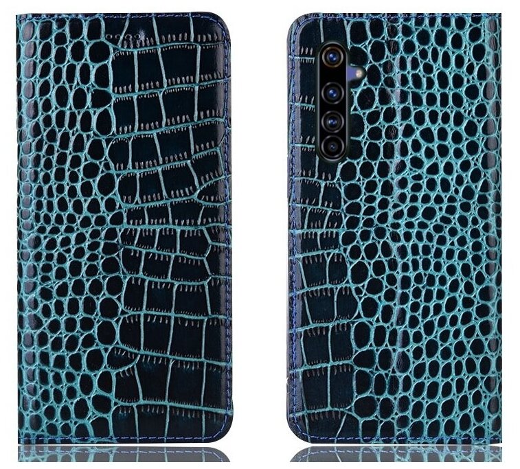 Чехол-книжка MyPads Premium для Oppo Realme 6 Pro из качественной импортной натуральной кожи теленка с фактурной прошивкой рельефа кожи крокодила.