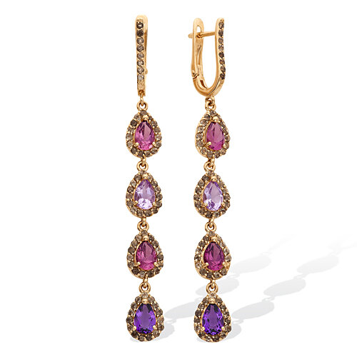Серьги, золото, 585 проба, родолит, аметист, раухтопаз