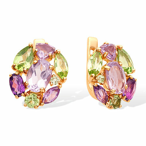 Серьги, красное золото, 585 проба, аметист, хризолит