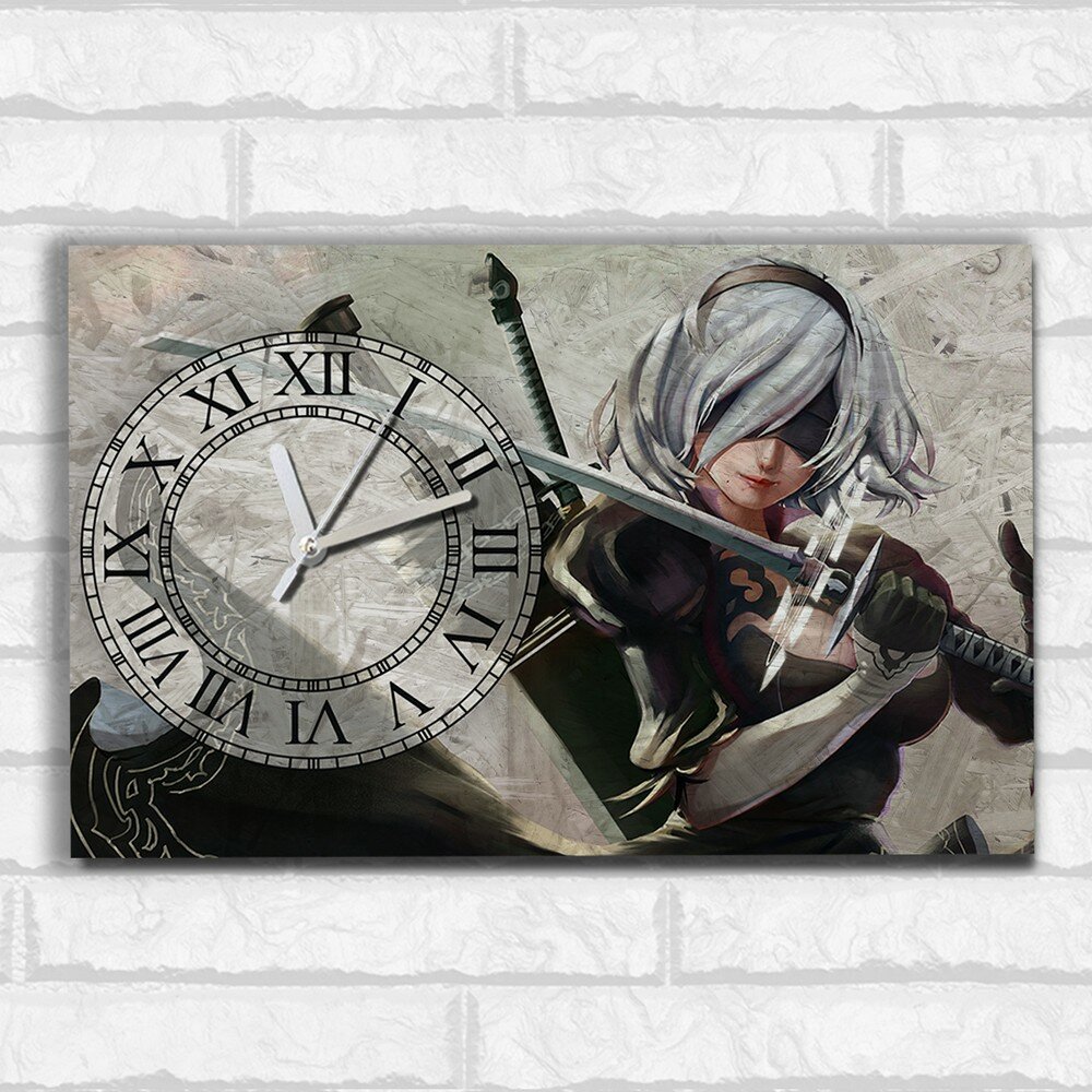 Настенные бесшумные часы ОСБ со смещенным циферблатом игры nier automata (2B, туби, девушка) - 2227