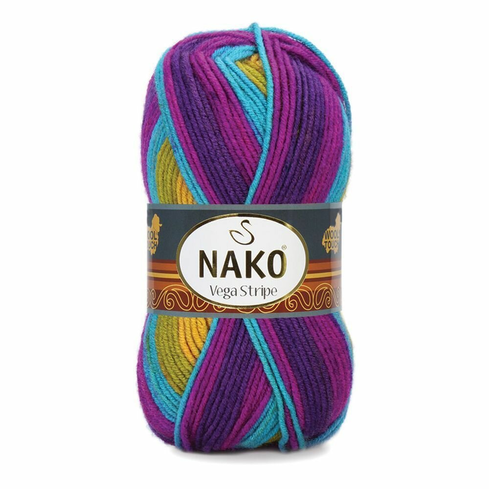 Пряжа Vega Stripe, Nako, лиловый/горчица/бирюза - 82410, 100% аркил, 5 мотков, 100 г, 195 м.