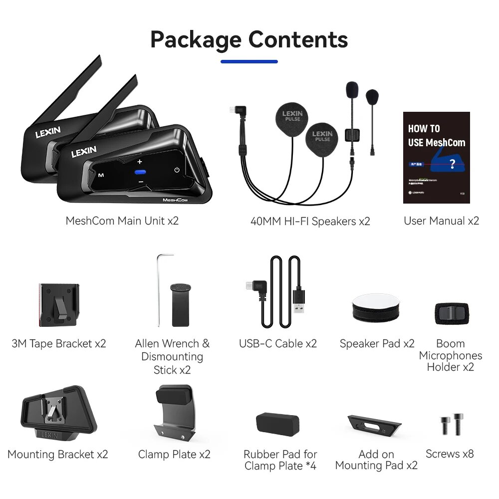 LEXIN-MeshCom Мотоциклетная гарнитура MESH и Bluetooth, домофон, с сетчатой системой связи, параллельным аудиодомофоном, 24 гонщиками 2PCS