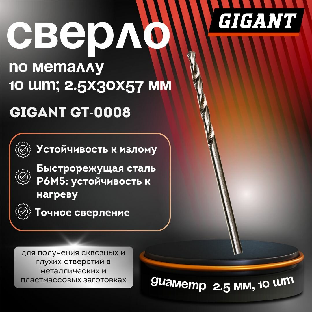 Сверло по металлу (10 шт; 2.5х30х57 мм; Р6М5) Gigant GT-0008