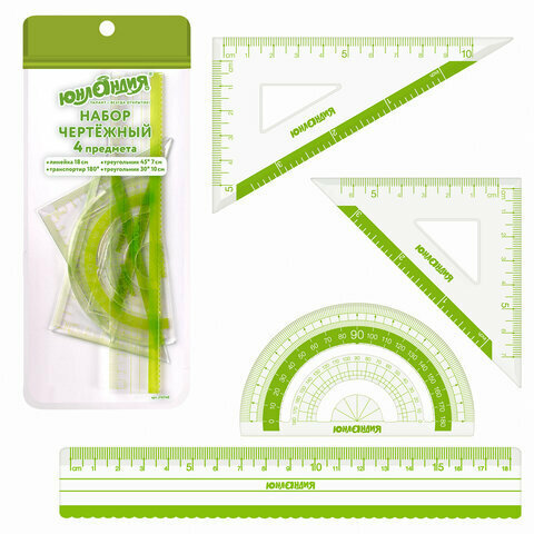 Набор чертежный юнландия "геометрия" (линейка 18 см, 2 треугольника, транспортир), зеленая шкала, 210740