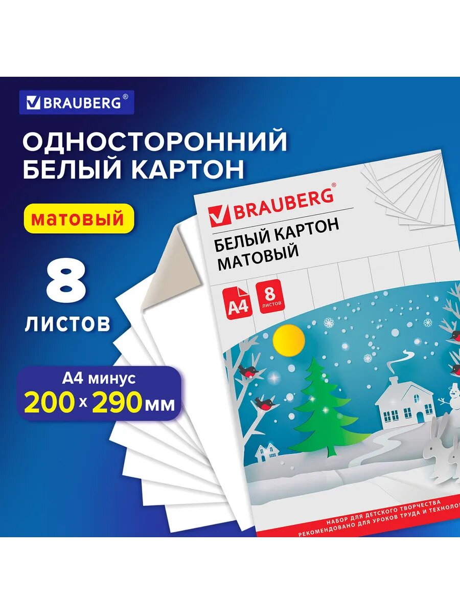 Картон белый А4 немелованный (матовый), 8 листов, в папке.