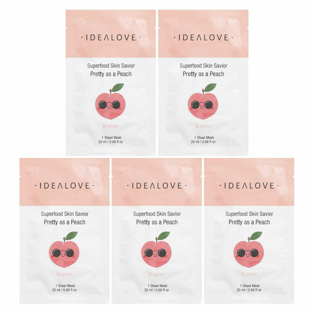 Idealove, Superfood Skin Savior, маска для лица с суперфудами, персик, 5 шт. по 20 мл