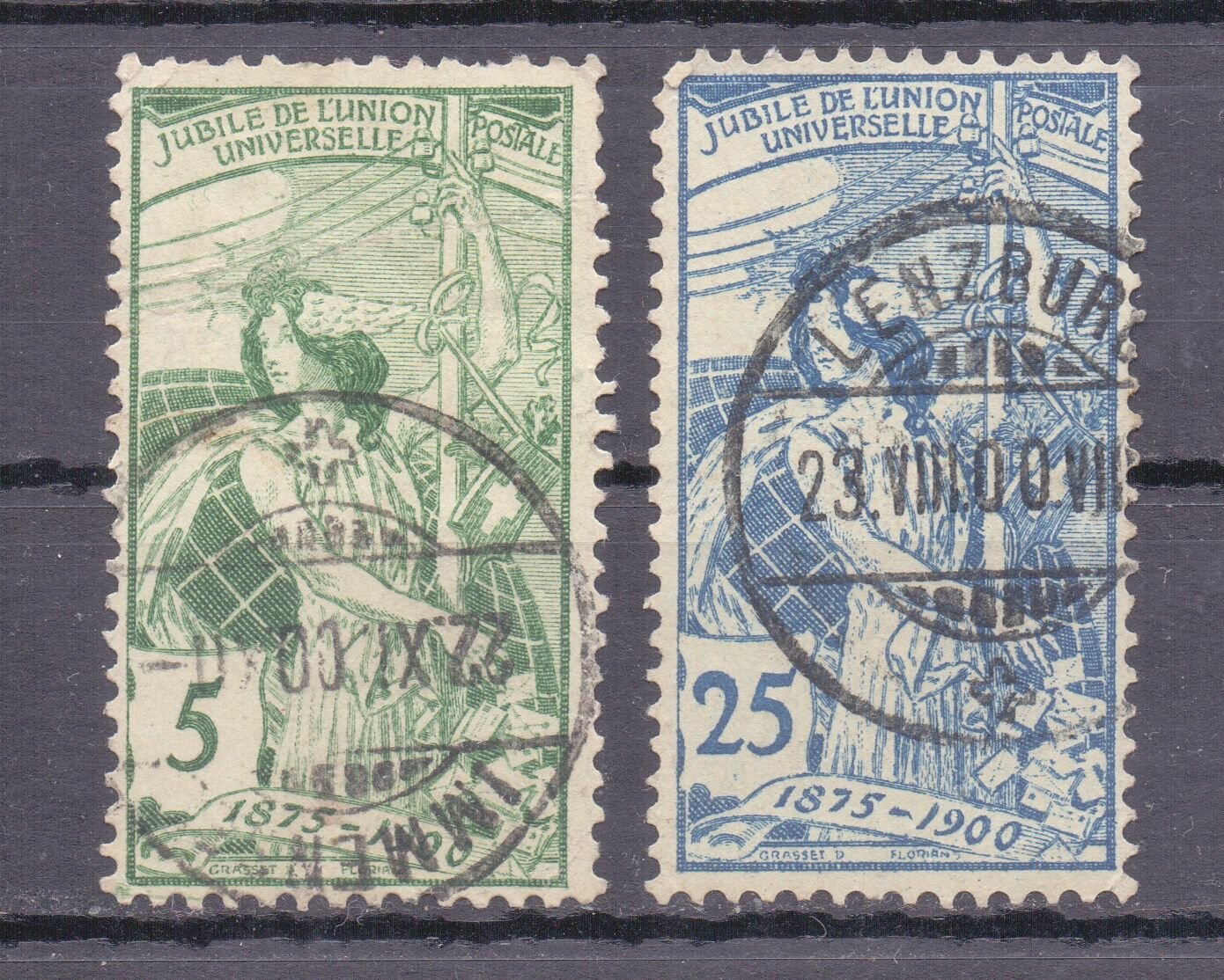 Почтовые марки Швейцарии 1900 год, 25-я годовщина Всемирного почтового союза - U.P.U. Редкие. Состояние отличное. 2 штуки.