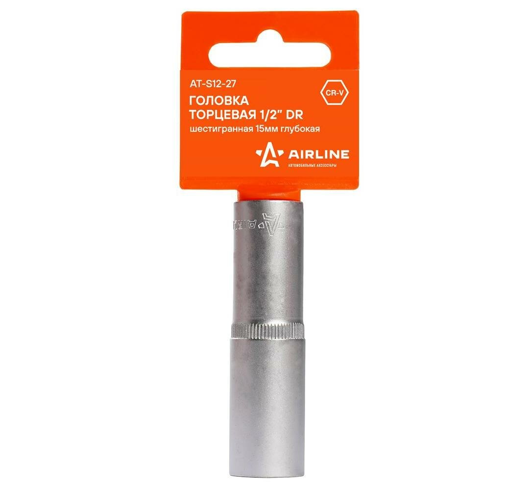 Головка торцевая AIRLINE 1/2" DR шестигранная 15мм глубокая пласт. подвес