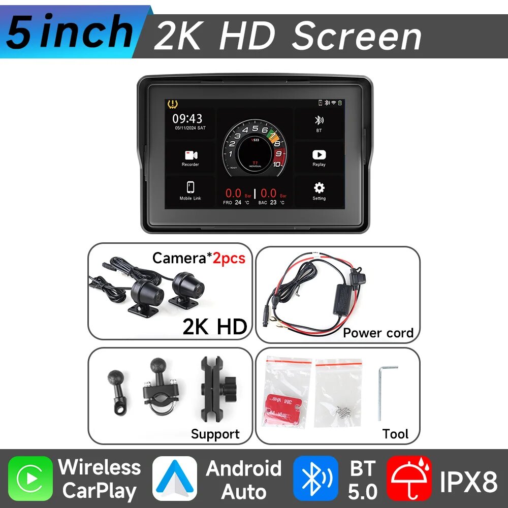 5" 2K HD мотоэкран CarPlay Android Auto IPX8, M752