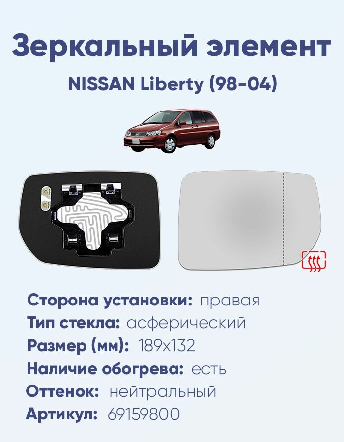 Зеркальный элемент правый NISSAN Liberty (98-04) асферика нейтральный с обогревом