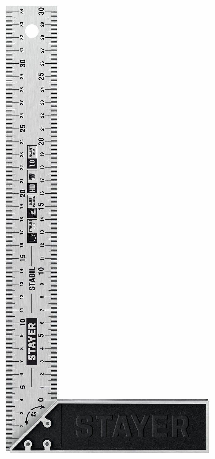 Столярный угольник STAYER STABIL 300 мм с нержавеющим полотном, двусторонняя шкала ()