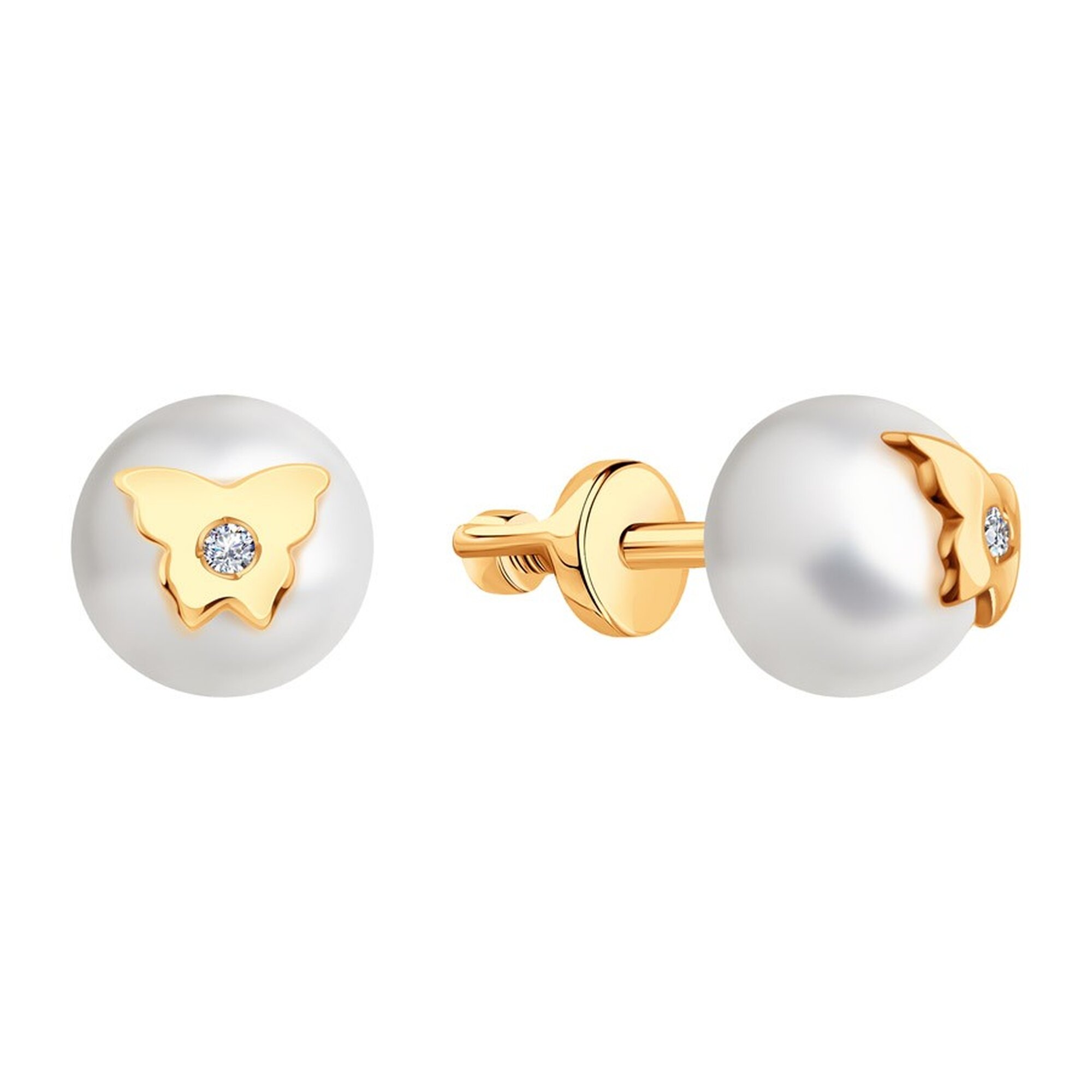 Серьги пусеты, красное золото, 585 проба, жемчуг, фианит