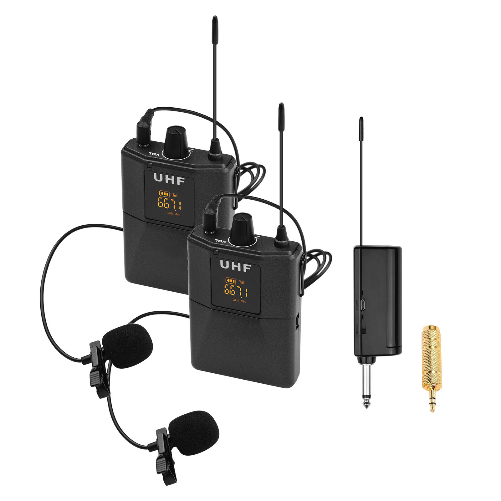 Система беспроводных микрофонов UHF с лавальным микрофоном, передатчиком в корпусе и приемником, разъем 6.35 мм с адаптером 3.5 мм для звукового смесителя, динамика, DVD, черный цвет, модель AD-116, материал пластик, диапазон частот 630-690 МГц,