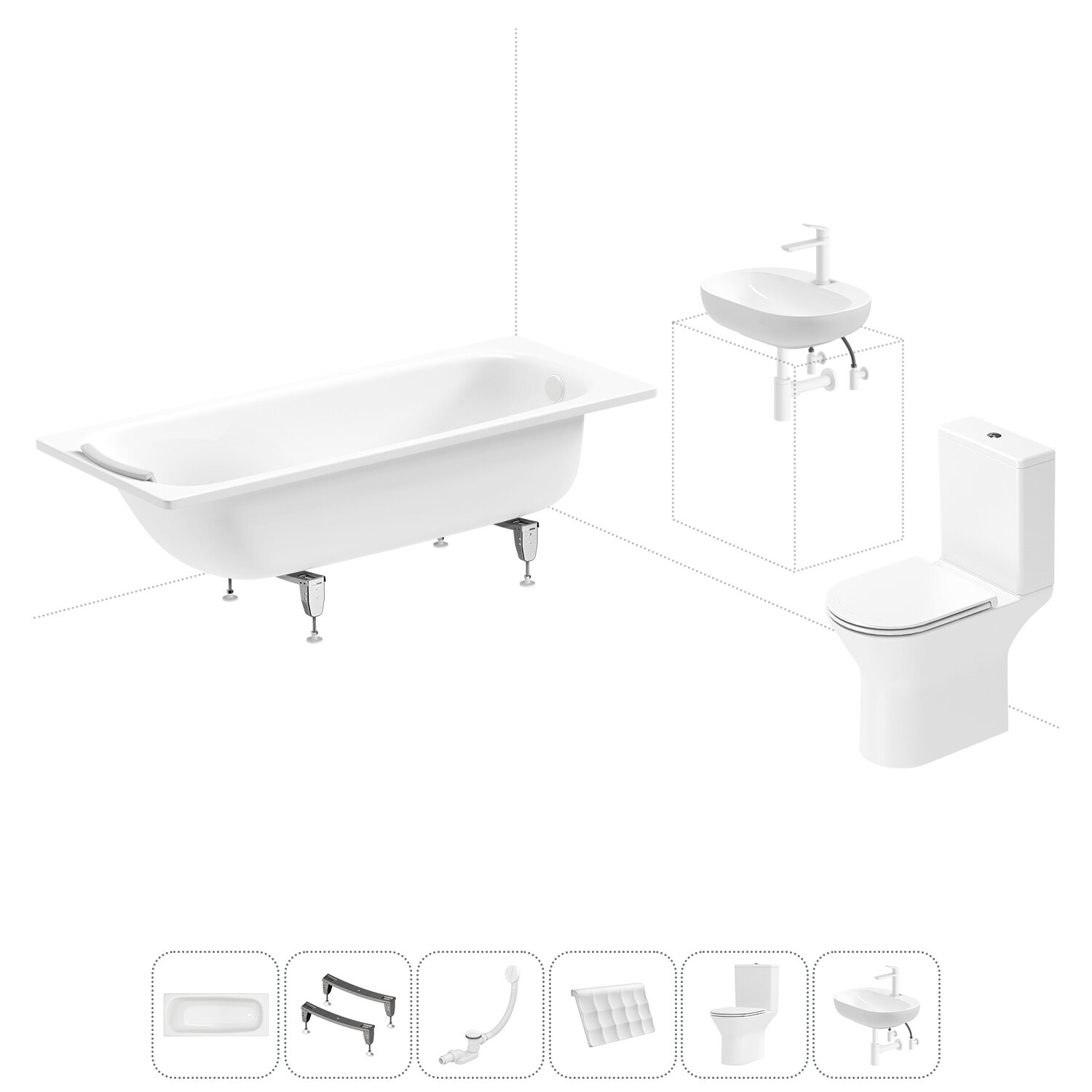 Стальная ванна 170х75 Sanitana BLB Universal 20220746R в наборе 6 в 1: металлическая ванна 170 х 75 см с шумоизоляцией, ножки, слив-перелив, подголовник, унитаз, раковина с комплектом для подключения