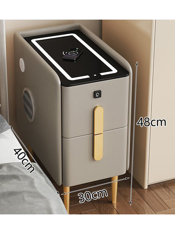 Современная умная прикроватная тумбочка из массива дерева, беспроводная зарядка + трехцветная подсветка + блокировка отпечатков пальцев + USB-интерфейс + аудио Bluetooth,30*40*48