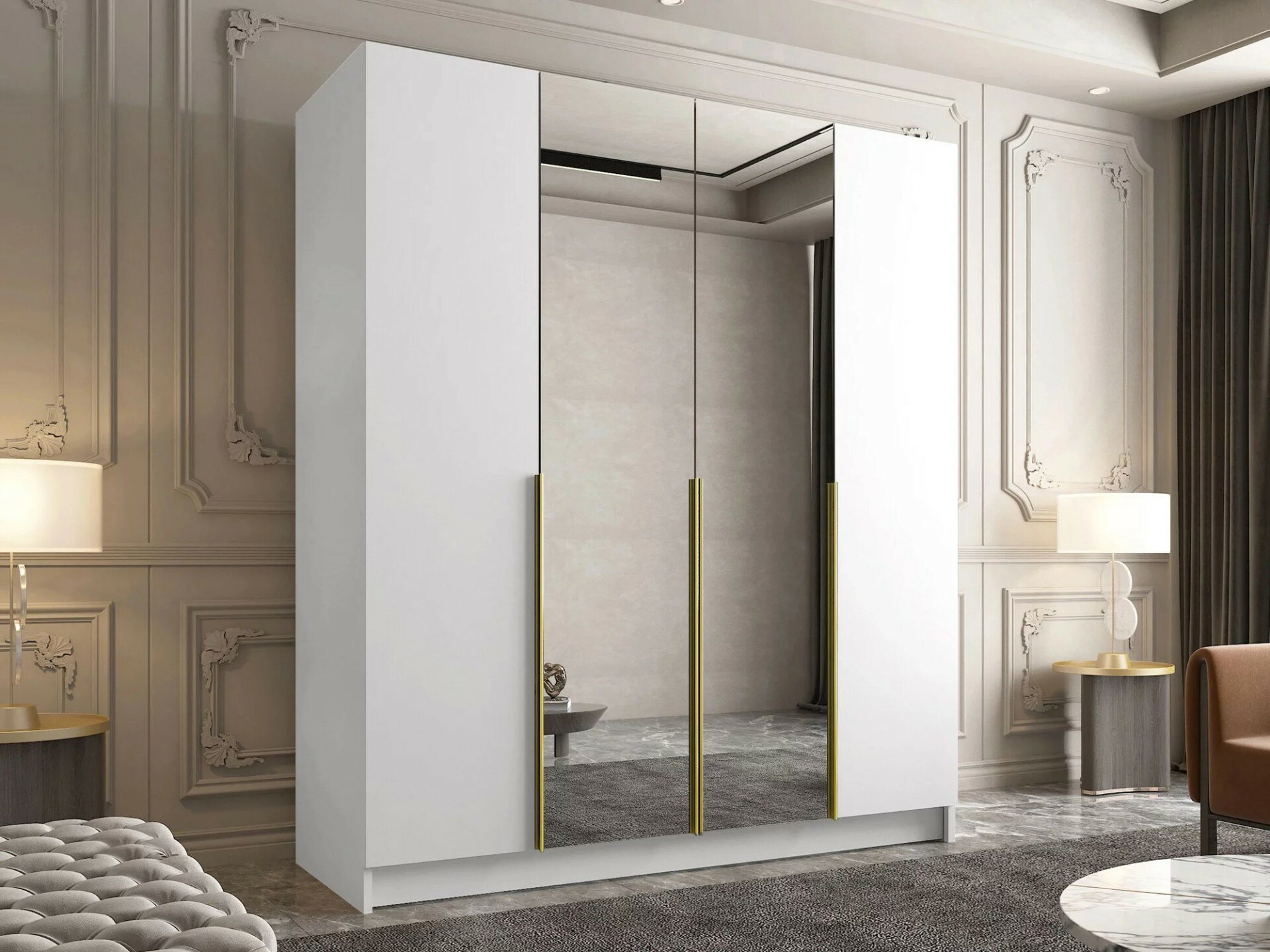 Четырехсекционный шкаф Элли с 2 зеркалами (ручки золото) Белый снег 8685 BS NEW 240*45*260 см Фиеста