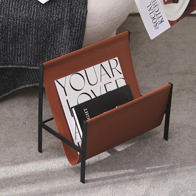 Газетница Коричневый кожаный журнальный столик для рабочего стола Металлическая полка для журналов