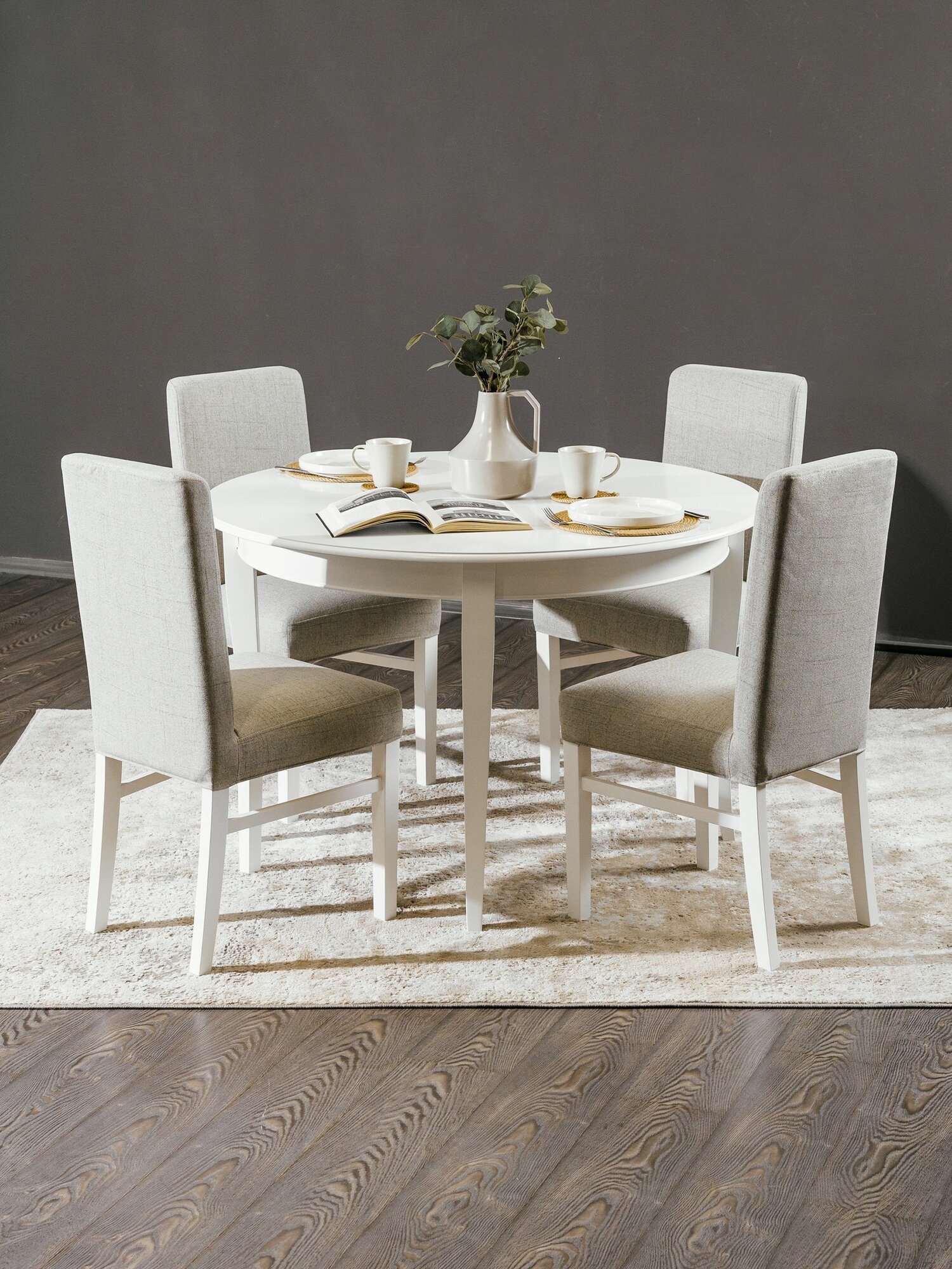 Обеденная группа виктория D.120(+36) стол / ZANNA стул 4 штуки, эмаль белая, LINOTO 07 Соль-перец эмаль белая светло-серый