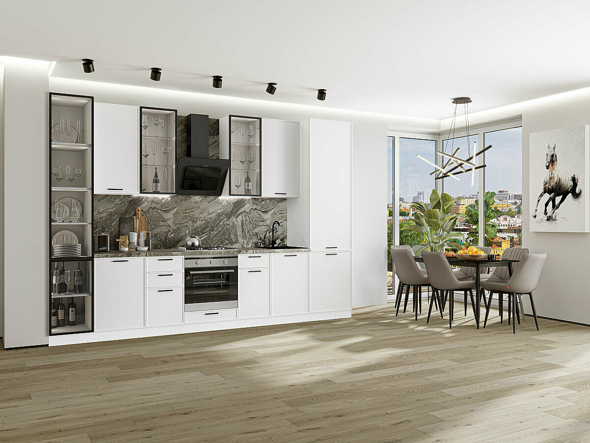 Кухонный гарнитур прямой 3,4 м. со столешницей, полки стекло, Фрейм-06 2340*3400*600 White Silk