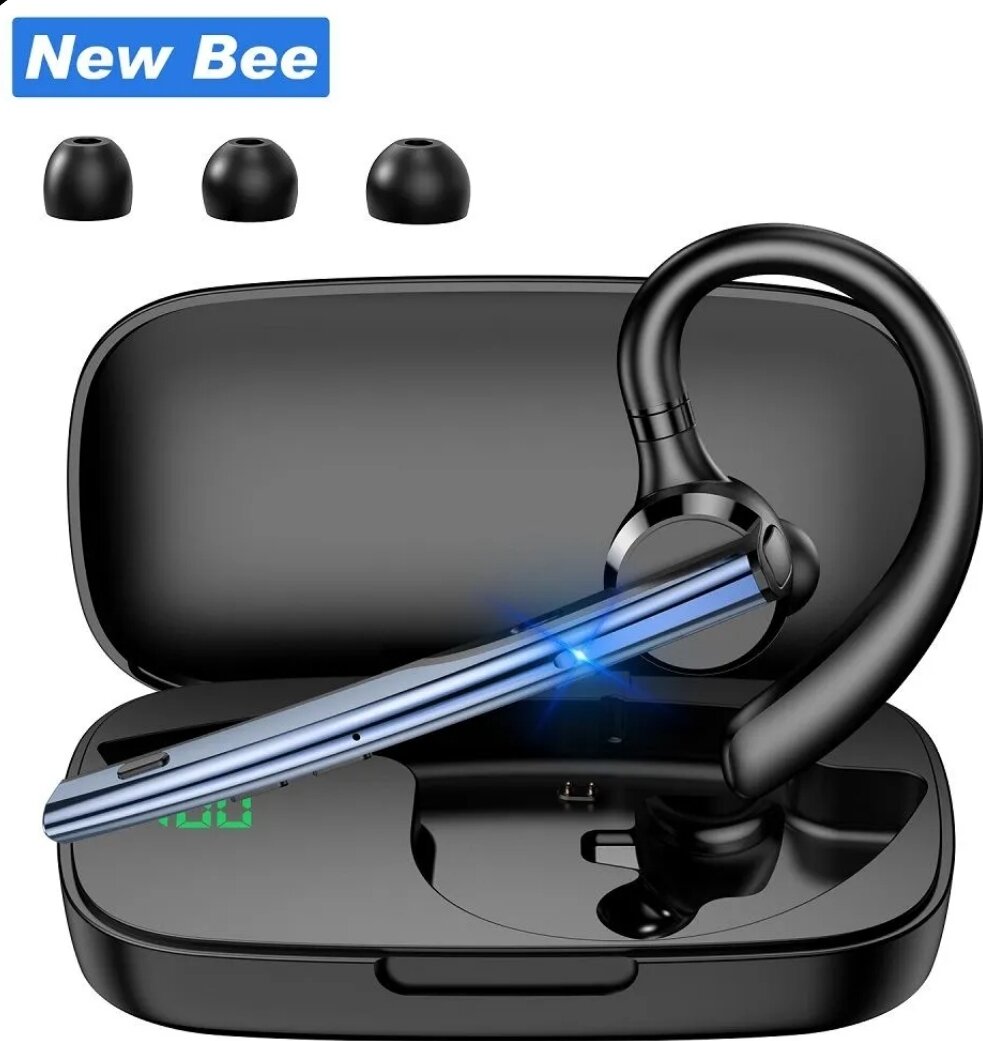 Гарнитура для телефона New Bee М 54 с шумоподавлением, беспроводная, с зарядным кейсом, черная.