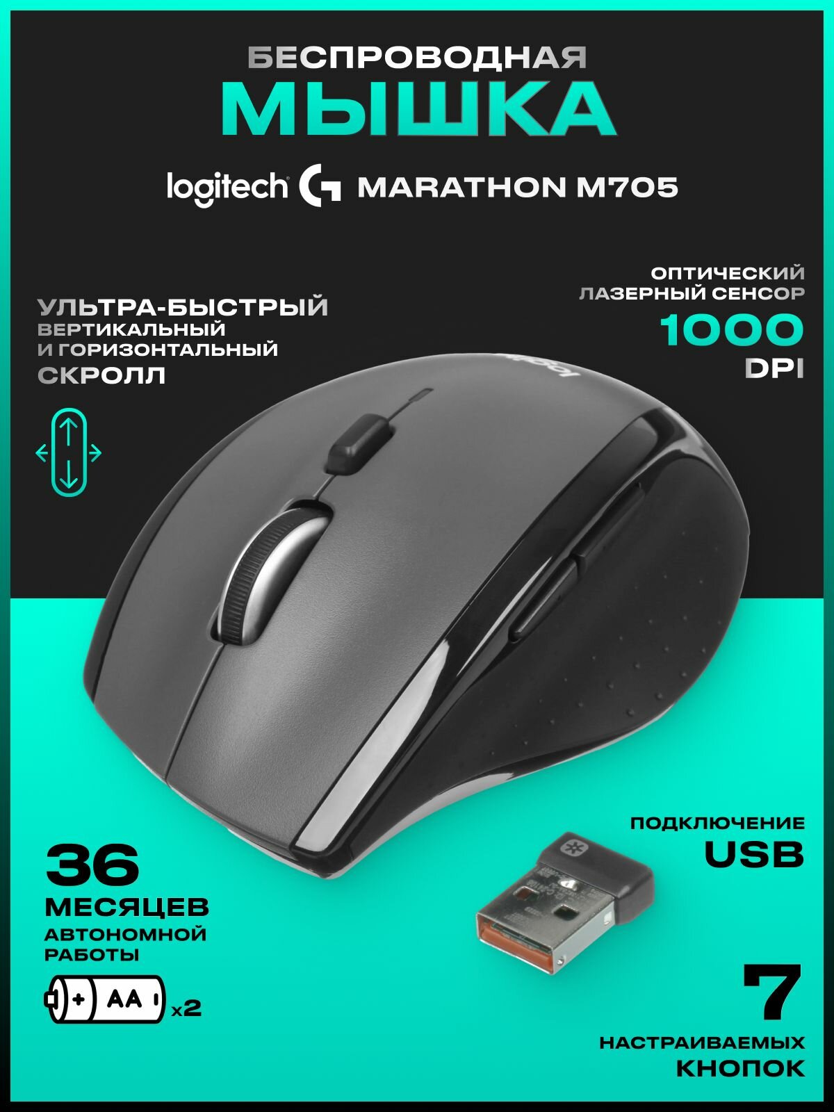 Мышь беспроводная Logitech Marathon M705 910-001964, черный. Мышка компьютерная USB Type-A