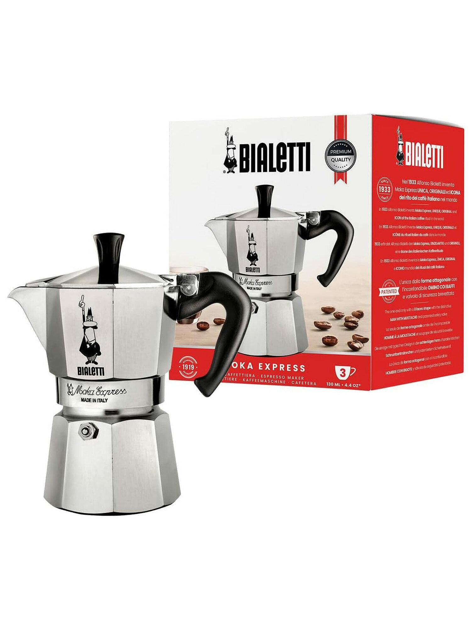 Гейзерная кофеварка Bialetti Moka Express металлик, на 3 чашки, 130 мл