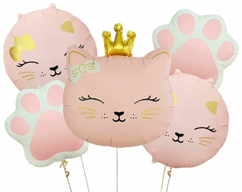 Набор воздушных шаров-фигур фольгированных "Кошечка с короной" 24", 21" и 18", под воздух и гелий, надувной воздушный шарик из фольги, большой шар для фотозоны на праздник и день рождения, 5 шт.