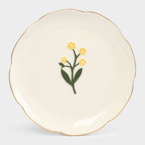 Тарелка десертная Anna Lafarg Gentle flower 17 см, керамика, молочная, с золотистым кантом, Желтые цветы (ANLAF-FDW-280525-5)