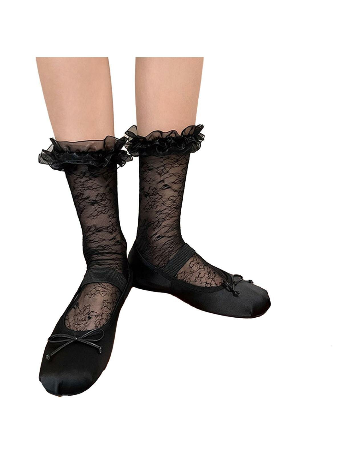 Женские кружевные носки с рюшами, Черный