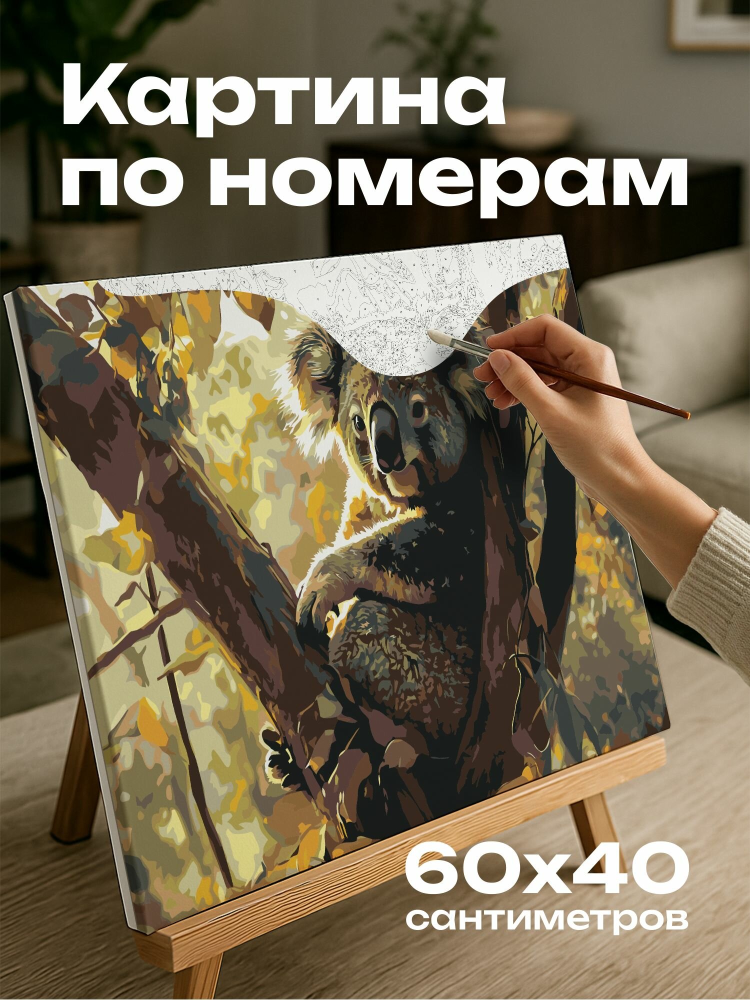 Картина по номерам 60x40 см, коала, ветка, эвкалипт, мех, возраст, мудрость, листва, солнечные блики, безмятежность