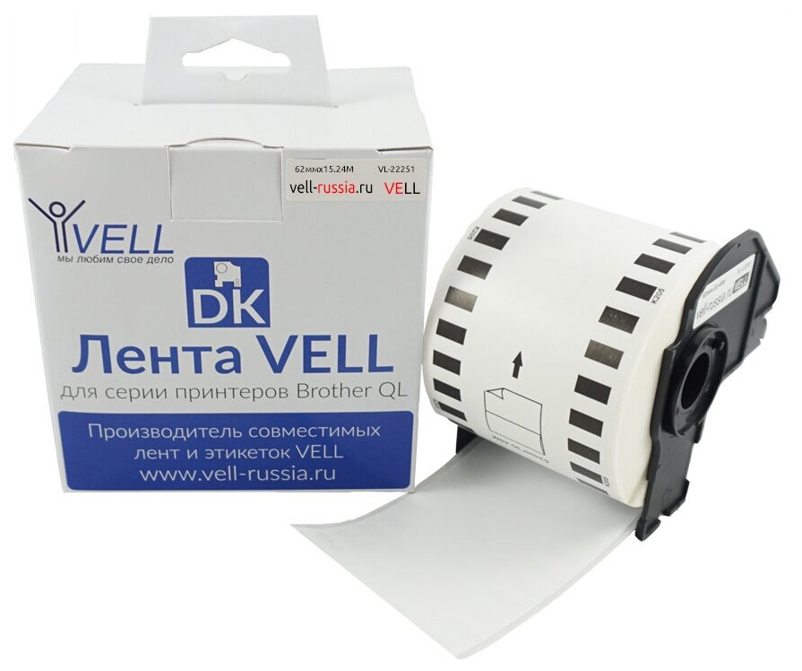 Лента Vell VL-B-DK 22251 (Brother DK22251), 62 мм х 15.2 м, черный и красный на белом {VL-22251} (1 шт)