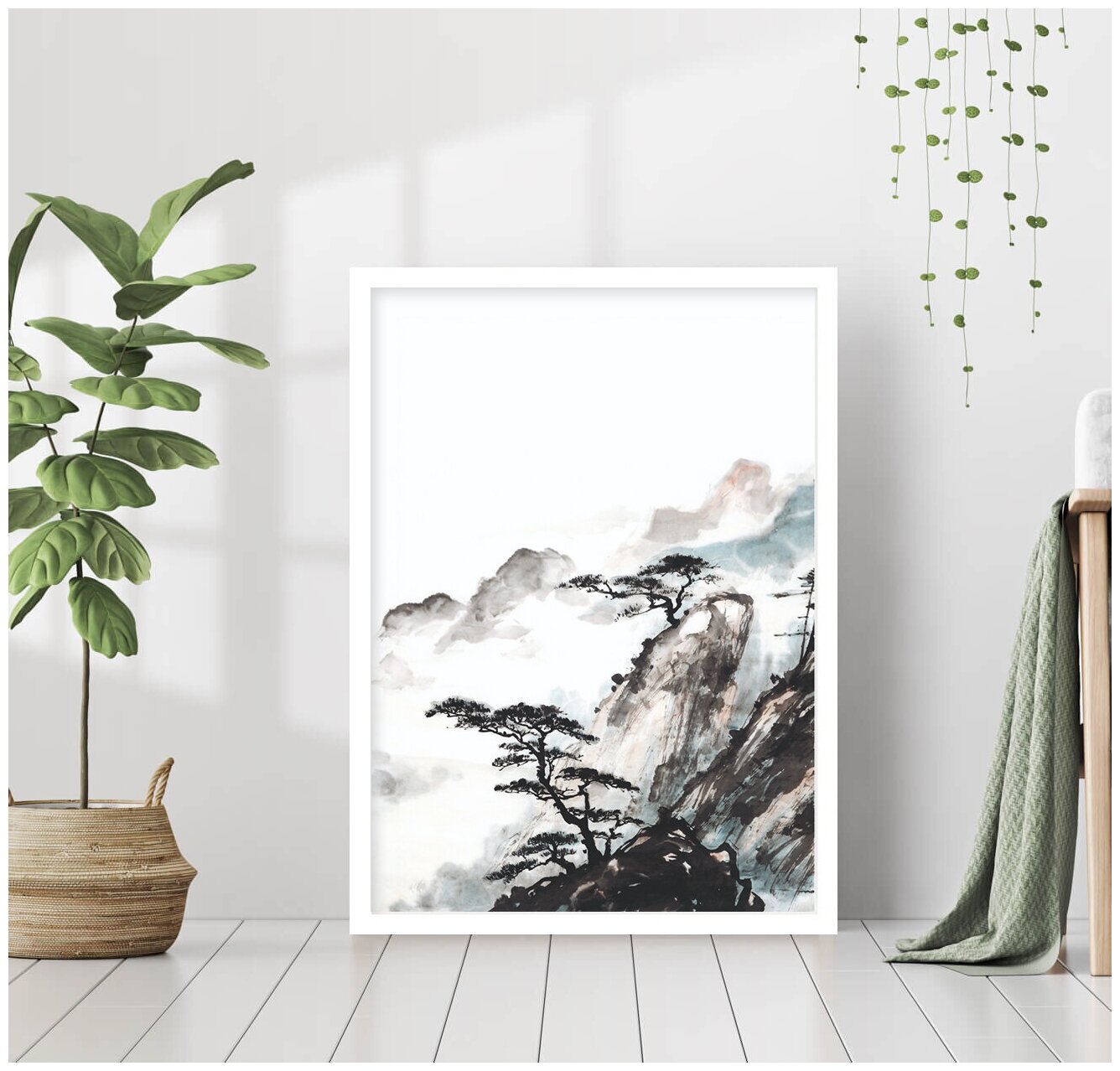 Постер "Китайская живопись, горный пейзаж тушью " 40х50 см в белой рамке на стену для интерьера