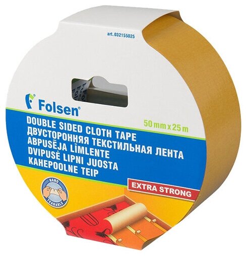 Лента клейкая монтажная Folsen двусторонняя тканевая 50 мм 25 м