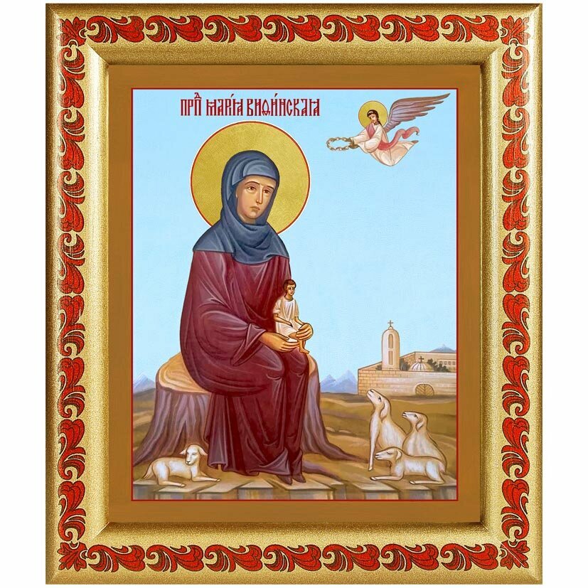 Преподобная Мария Вифинская, икона в широкой деревянной рамке с узором 19*22,5 см