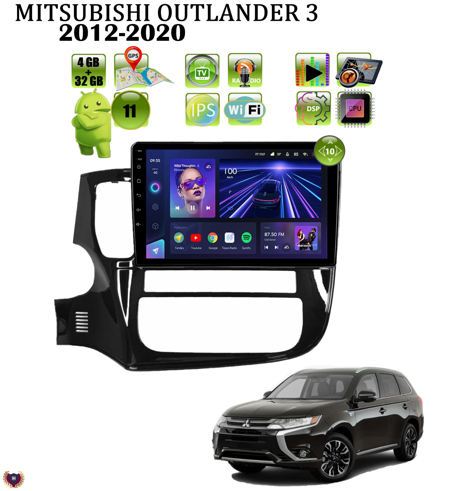 Автомагнитола для Mitsubishi Outlander 3 (2012-2020) , Android 11, 4/32 GB, GPS, Bluetooth, WiFi, IPS экран, FM, GPS, сенсорные кнопки, поддержка кнопок на руле