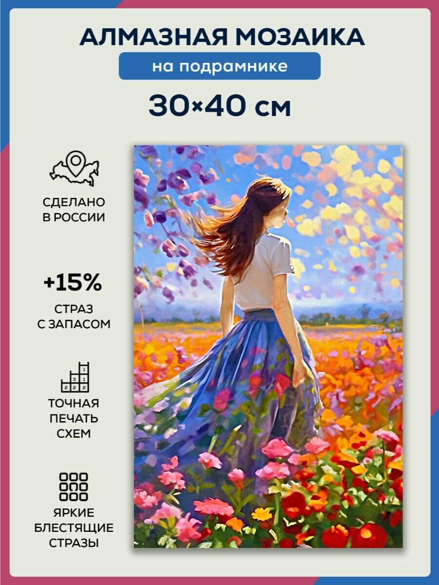 Алмазная мозаика 30x40 Девушка в поле на подрамнике