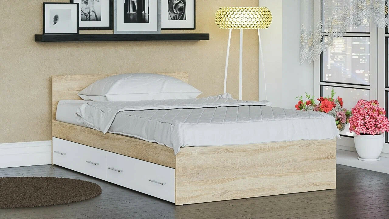Кровать с ящиками СВК Мори 120х200, цвет дуб сонома/ящики белые, с основанием, без матраса