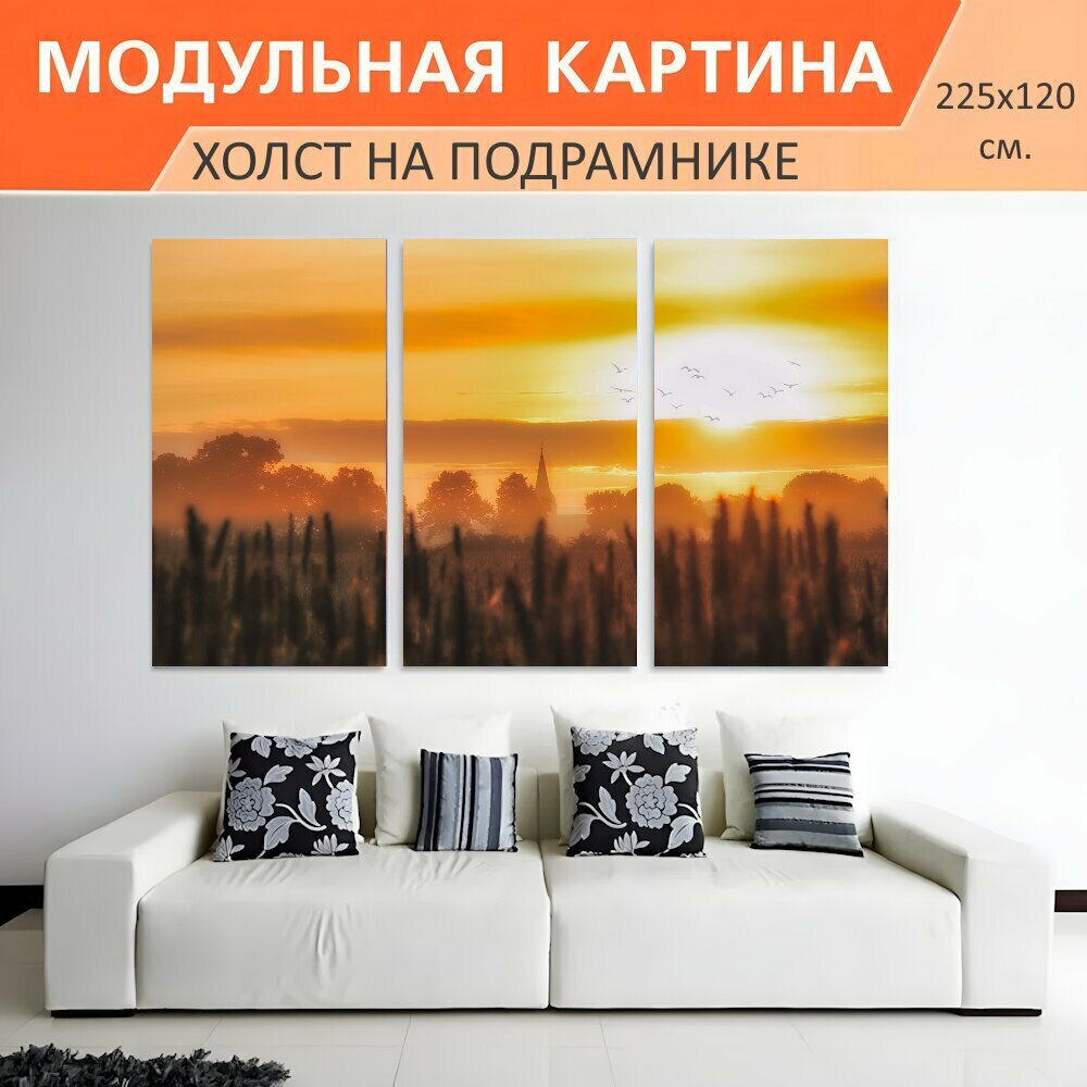 Модульная картина на холсте "Деревня, восход солнца, птицы" триптих на подрамнике 225х120 см. для интерьера