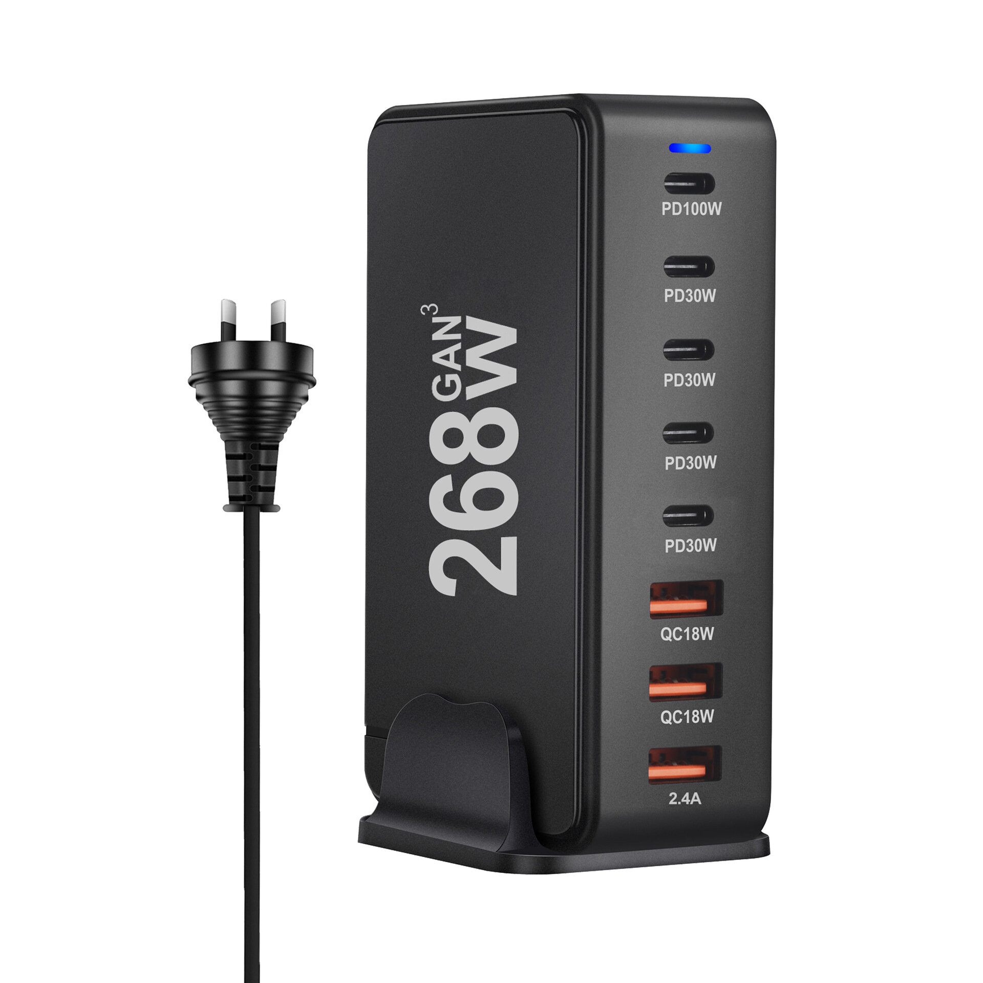 268 Вт адаптер GaN PD с 8-портовым USB-C, стандартом AU, черный цвет