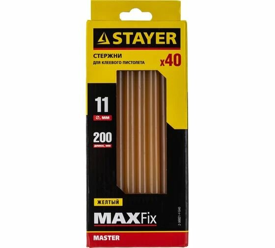 STAYER Стержни для клеевого пистолета, цвет желтый по бумаге и дереву, 11x200мм, 40шт 2-06821-Y-S40