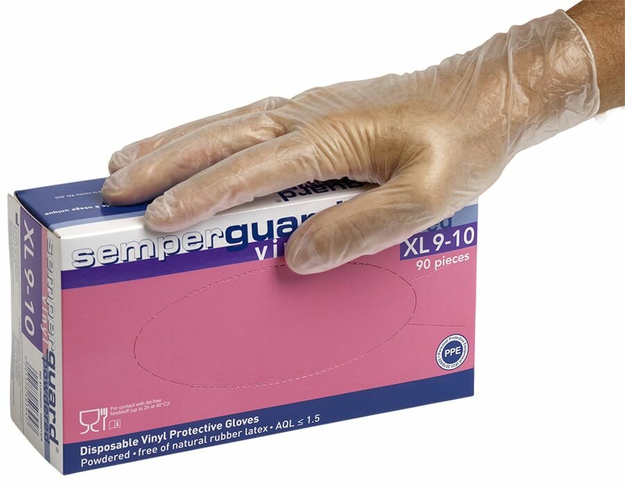 Semperguard Одноразовые перчатки виниловые, неопудренные, прозрачные XL 9-10, 90 шт. (из Финляндии)