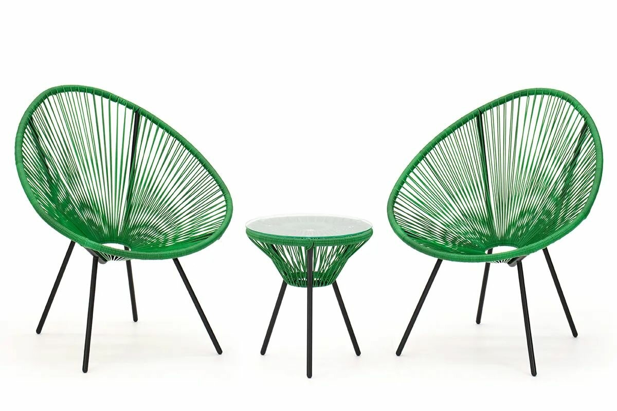 Комплект плетеной мебели KORNERA "Акапулько" на 2 персоны, каркас черный, искусственный ротанг зеленый