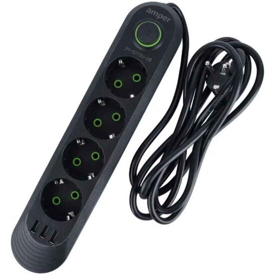 Сетевой удлинитель с USB Amper JH-1072U-2B 4 розетки, 3usb, 2500 Вт, 10А, 2,0м, 3*0,75мм, черный.
