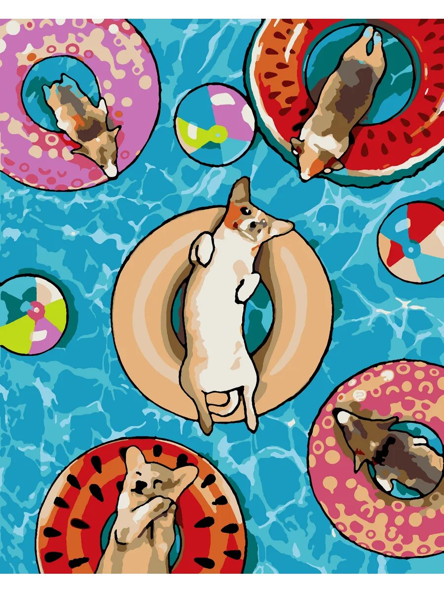 Картина по номерам "Собаки в бассейне" 40x50, холст на подрамнике, уровень сложности 3, 12 цветов