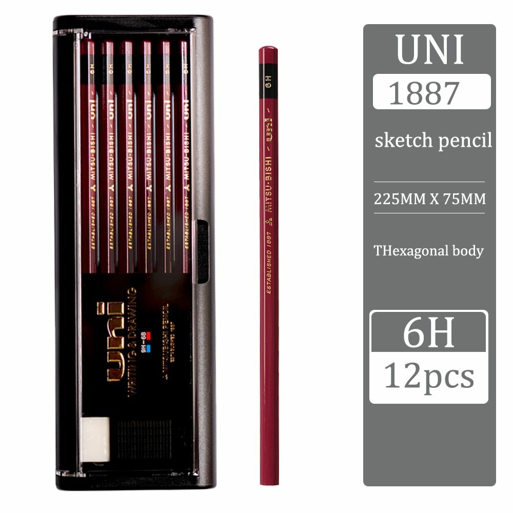 Карандаш Uni Mitsubishi 1887, для проверки твердости, 12 штук, 9H-6B, деревянный, черный