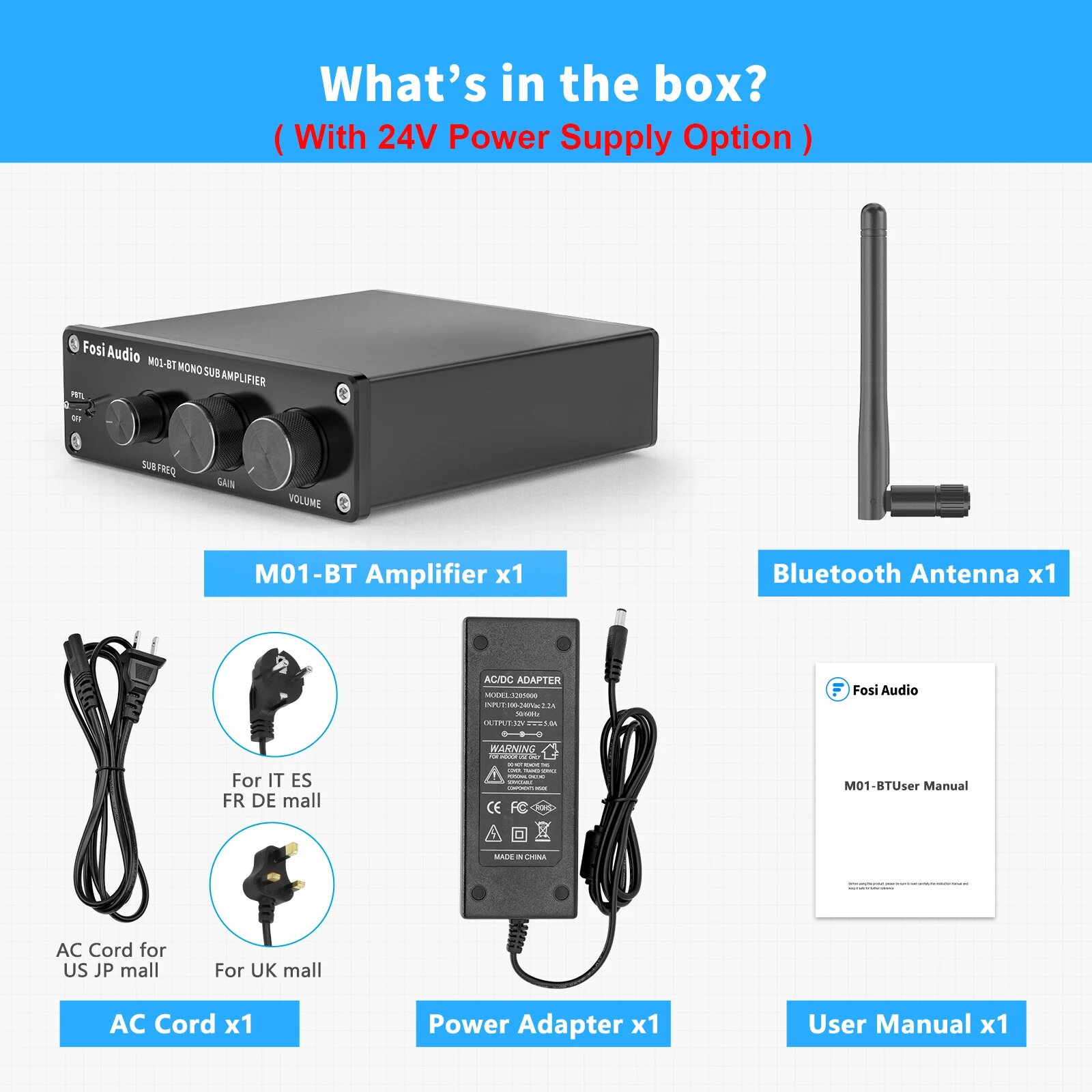 Fosi Audio M01-BT моноусилитель с 24V блоком питания
